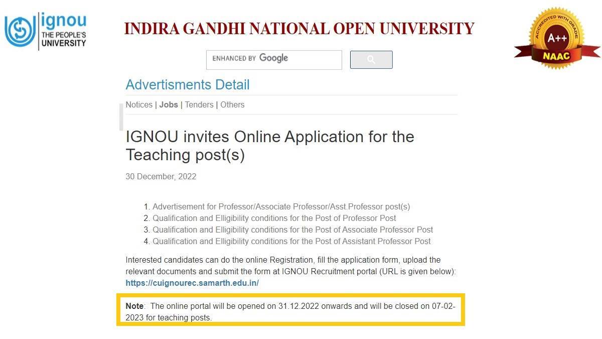 IGNOU Recruitment 2023 : ਇਗਨੂ 'ਚ ਅਸਿਸਟੈਂਟ ਪ੍ਰੋਫੈਸਰ, ਐਸੋਸੀਏਟ ਪ੍ਰੋਫੈਸਰ ਤੇ ...