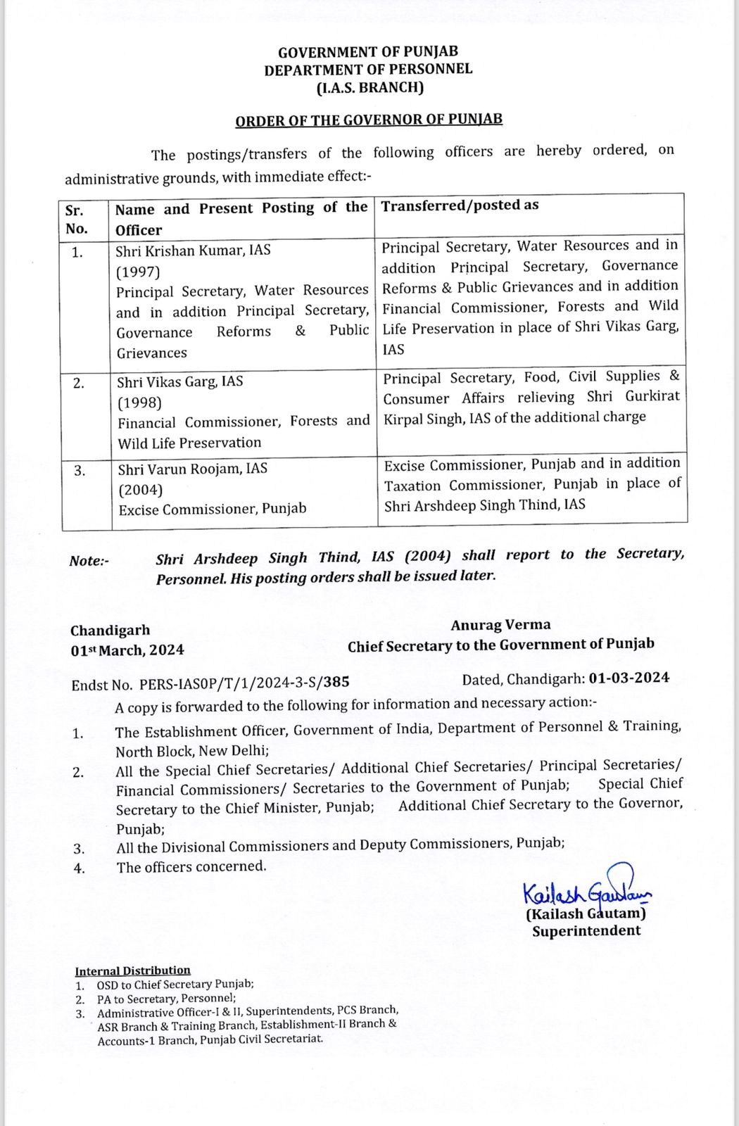 ਵੱਡੀ ਖ਼ਬਰ : ਕ੍ਰਿਸ਼ਨ ਕੁਮਾਰ ਸਮੇਤ ਤਿੰਨ IAS ਅਧਿਕਾਰੀਆਂ ਦੇ ਵਿਭਾਗਾਂ ਚ ਫੇਰਬਦਲ ...